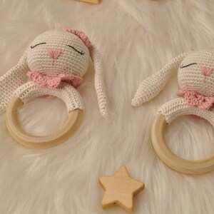 Handmade Wooden Handle Rabbit Rattle | Handmade Amigurumi Bunny Rattle ...