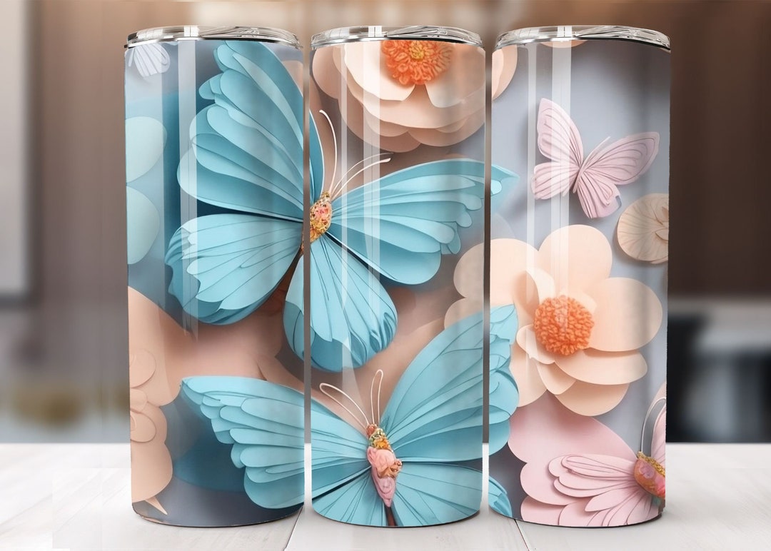 3D Butterflies in Blue, Peach and White Pastel Colors Floral ...