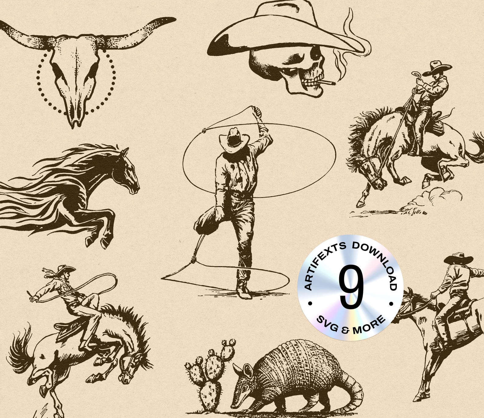 Retro Cowboy SVG Bundle Bucking Bronco Vintage Western Horse Riding Desert Skull Symbol ...