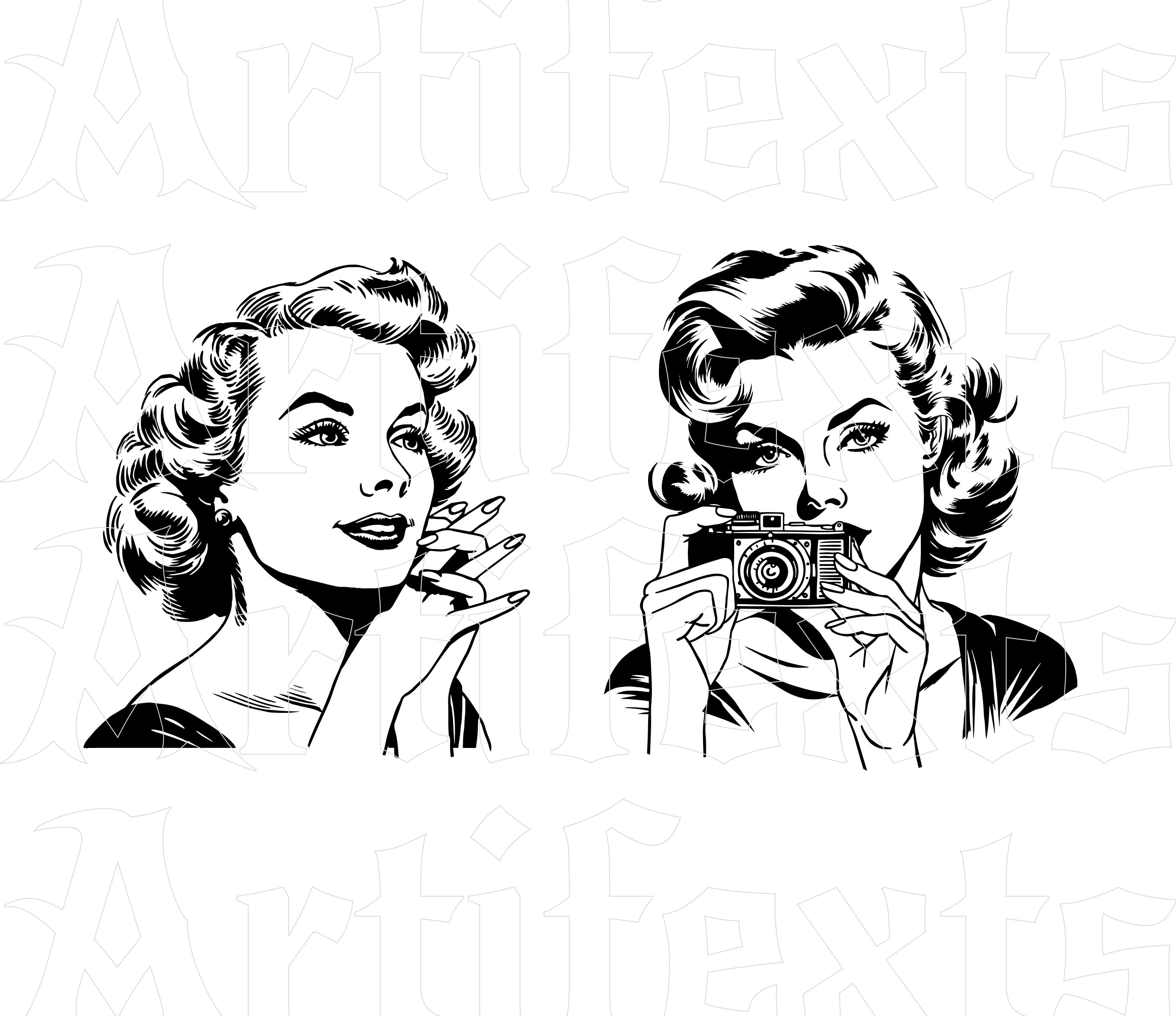 Vintage 1950s Woman SVG Bundle, Retro Housewife Pinup Illustrations ...