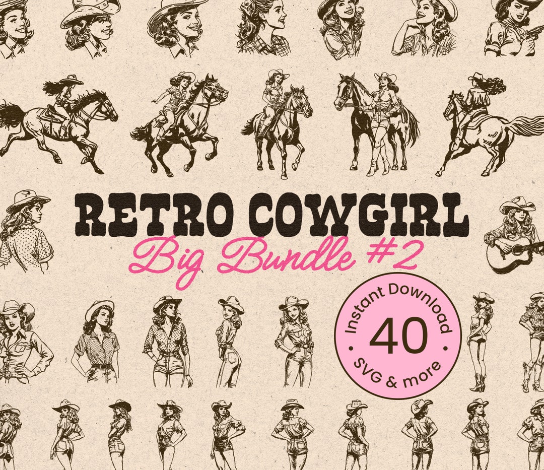 Retro Cowgirl Clipart Bundle: Vintage Western Graphics (digital ...