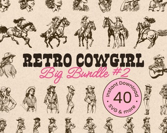 Retro Cowgirl Clipart Bundle: Vintage Western Graphics (PNG, SVG, EPS ...