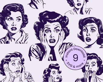 Vintage Woman Bundle Svg, Retro Housewife Clipart, 1950s Atomic Characters, Fashion, Girl ...