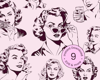 Vintage Woman Bundle Svg, Retro Housewife Clipart, 1950s Atomic Characters, Fashion, Girl ...