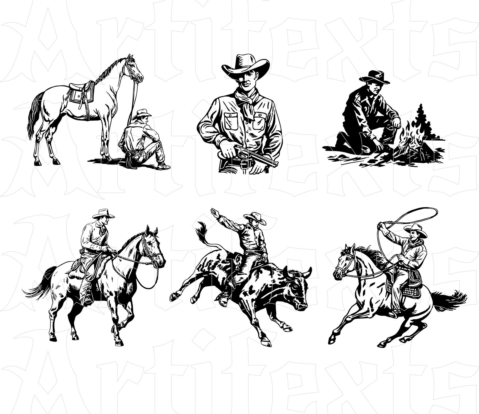 Vintage Cowboy Bundle Svg, Retro Rodeo Clipart, Western Characters ...