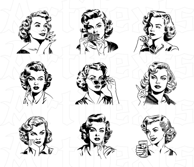 Vintage Blonde Woman Bundle Svg 1950s Retro Housewife, Atomic Characters, Glamorous Pinups Girls ...