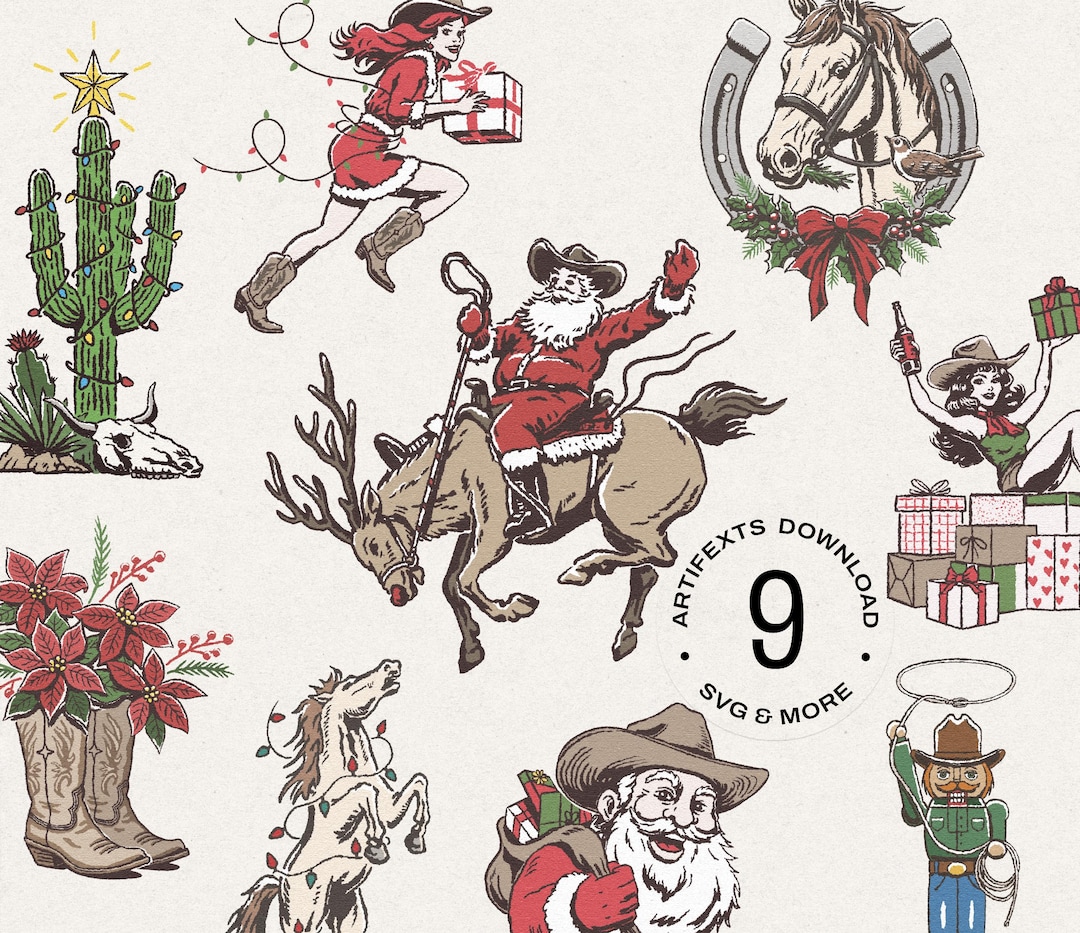 Retro Cowgirl Christmas SVG Bundle Cowboy Santa Rodeo Wrangler Holiday ...