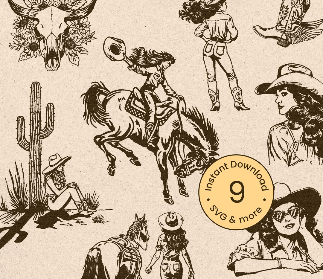 Retro Cowgirl Bundle SVG Vintage Bohemian Western Boho Chic Women Horse ...