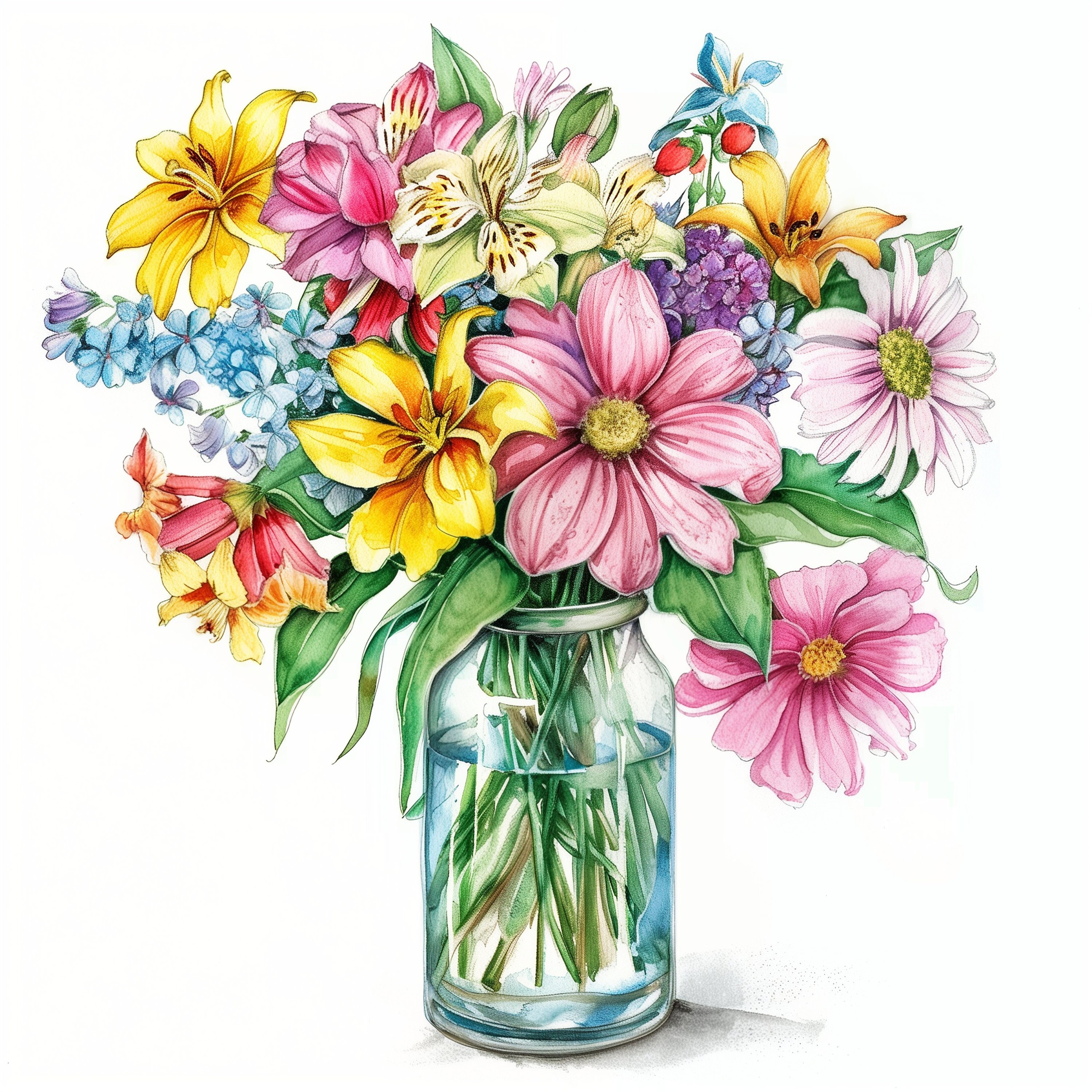 12 Watercolor Spring Flower Bouquet in Vase PNG Clipart Bundle Digital ...
