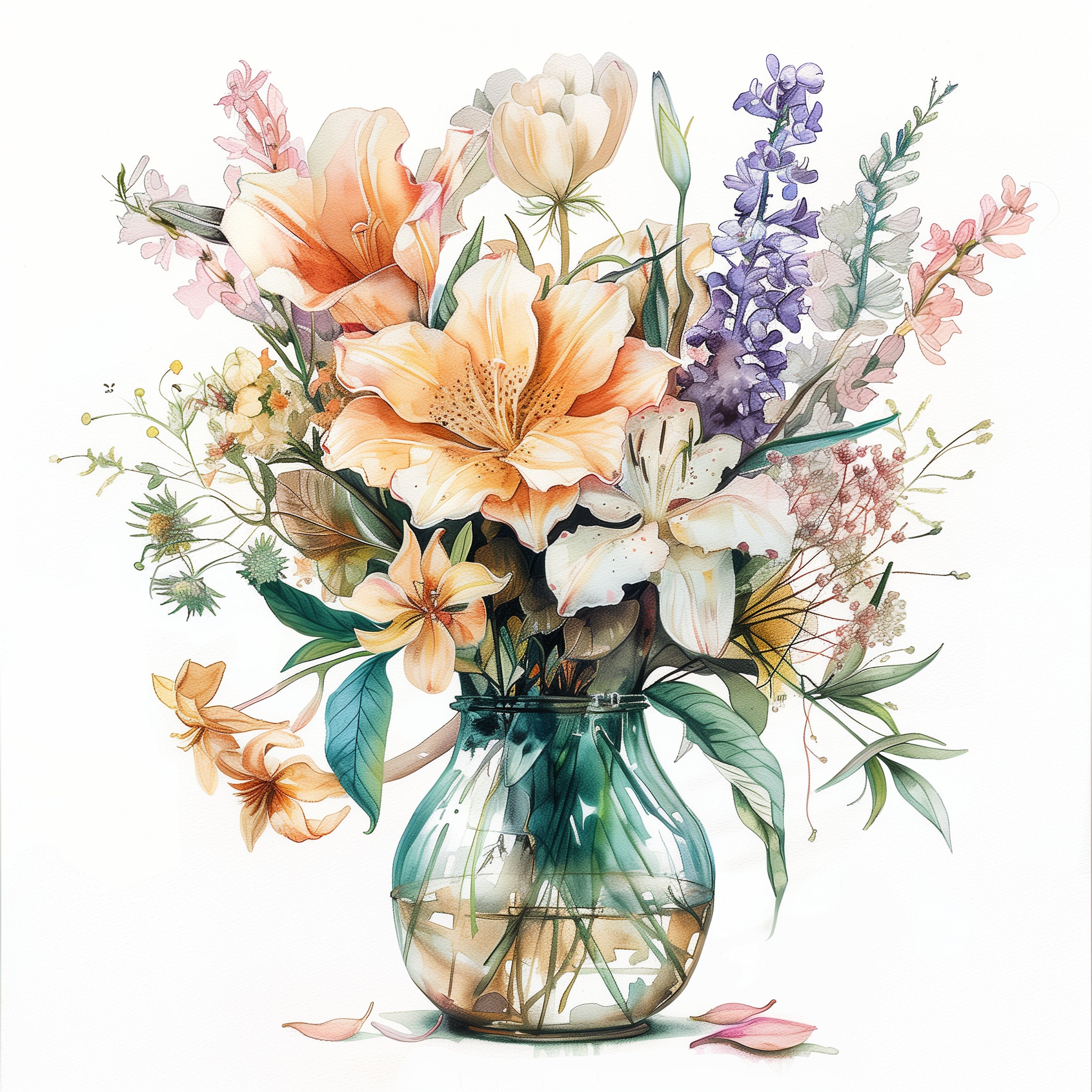 12 Watercolor Spring Flower Bouquet in Vase PNG Clipart Bundle Digital ...