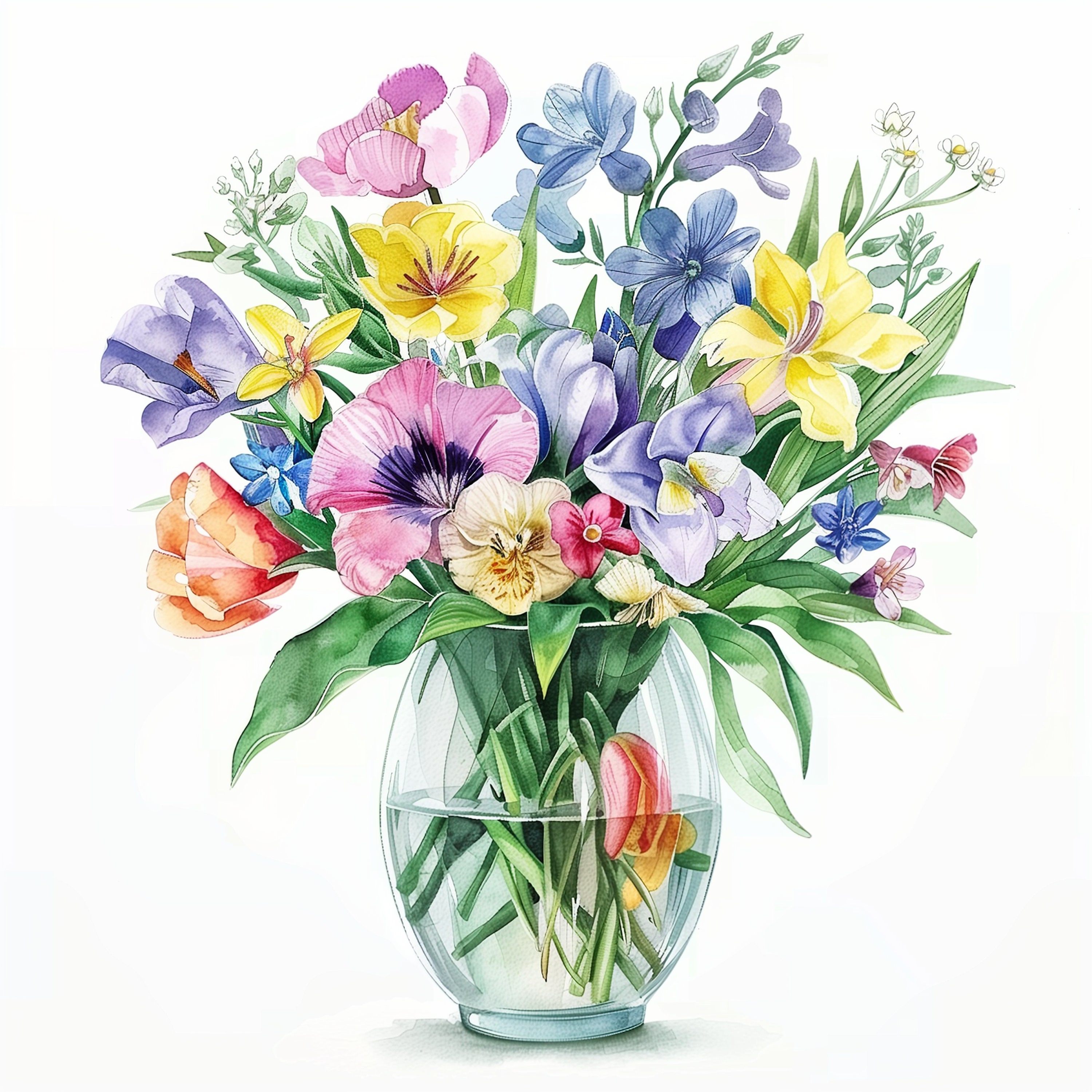 12 Watercolor Spring Flower Bouquet in Vase PNG Clipart Bundle Digital ...