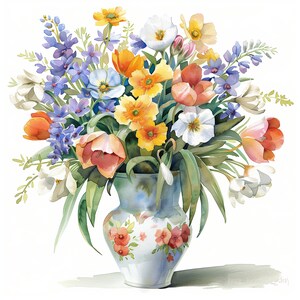 12 Watercolor Spring Flower Bouquet in Vase PNG Clipart Bundle Digital ...
