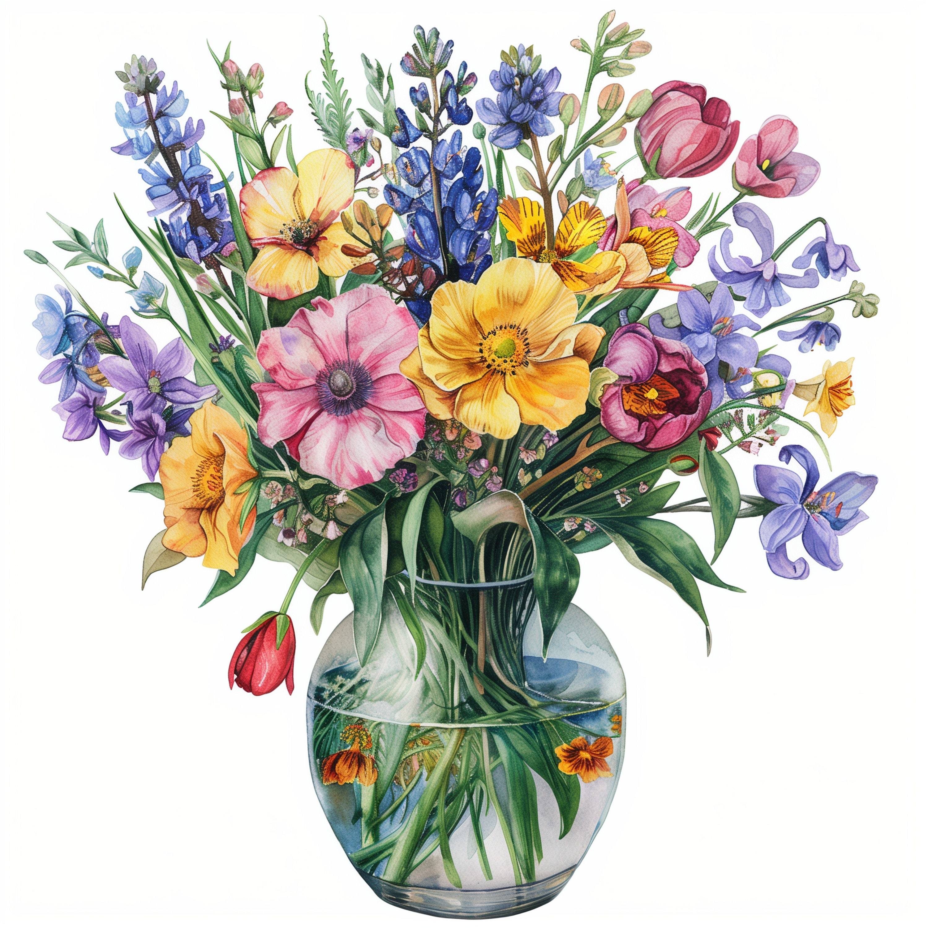 12 Watercolor Spring Flower Bouquet in Vase PNG Clipart Bundle Digital ...