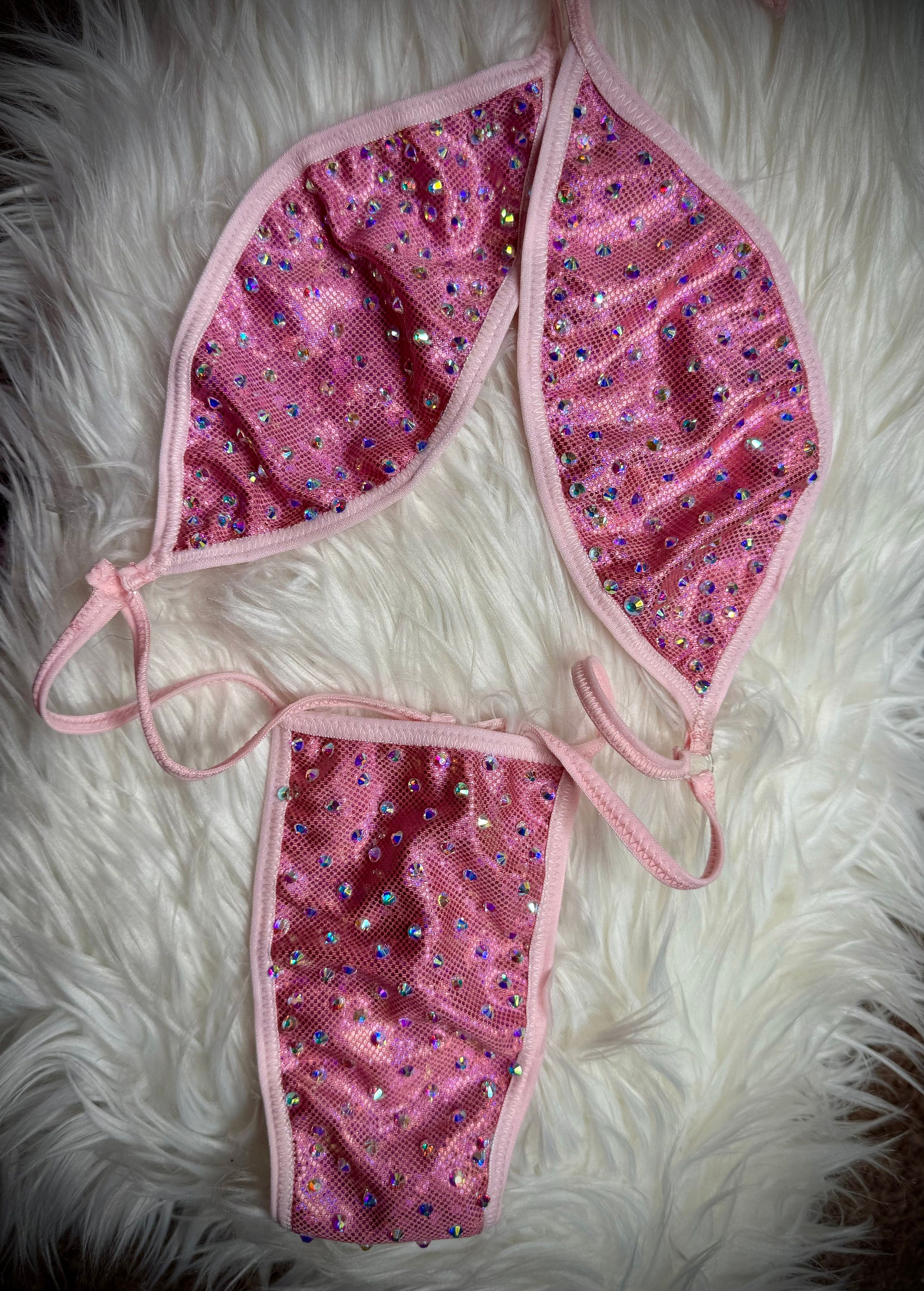 Stripper Outfits Sling Shot Bikini Pink Exotic Dancewear Bedazzled Bodysuit Club Attire