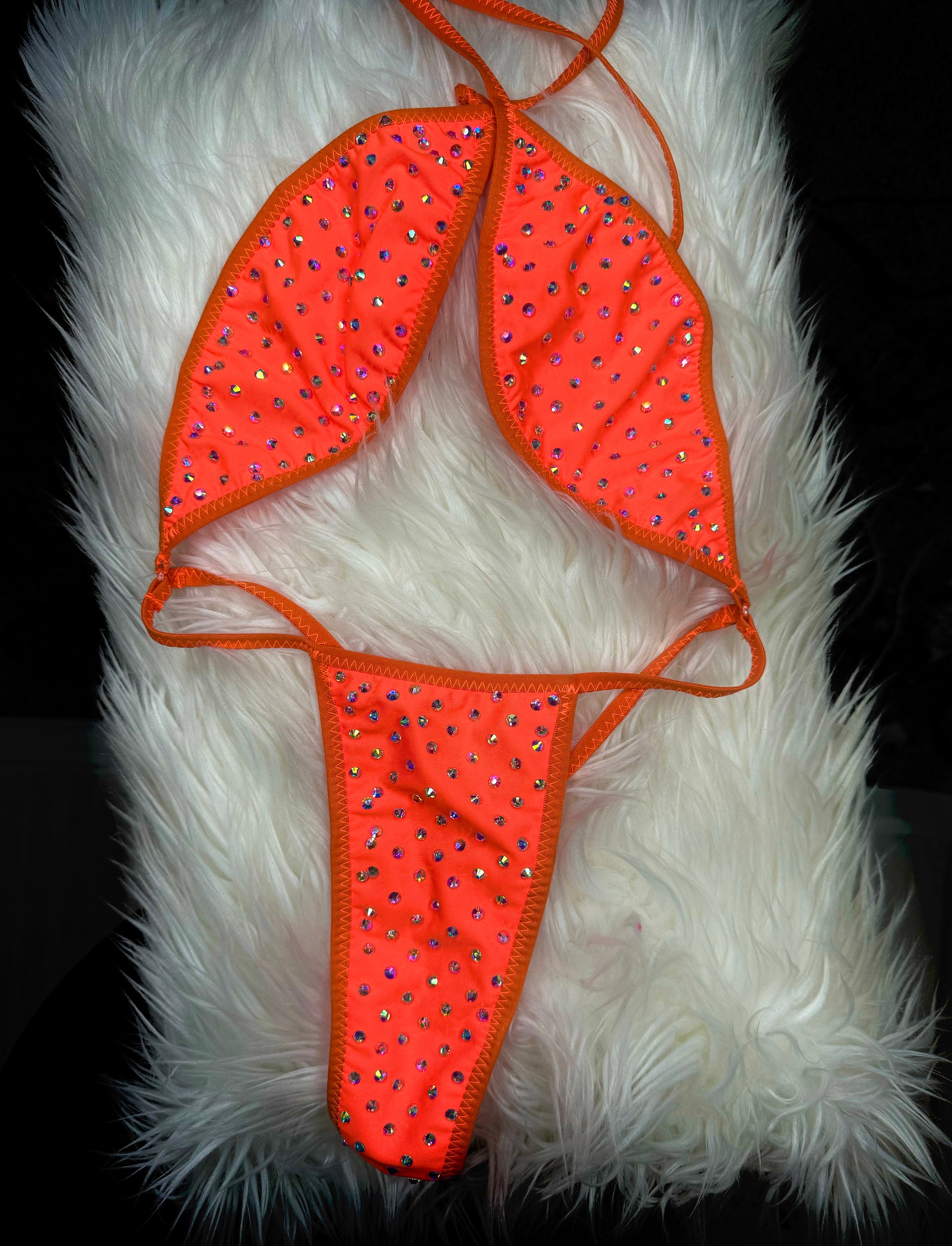 Stripper Outfits Sling Shot Bikini Orange Exotic Dancewear Bedazzled Bodysuit Club Attire