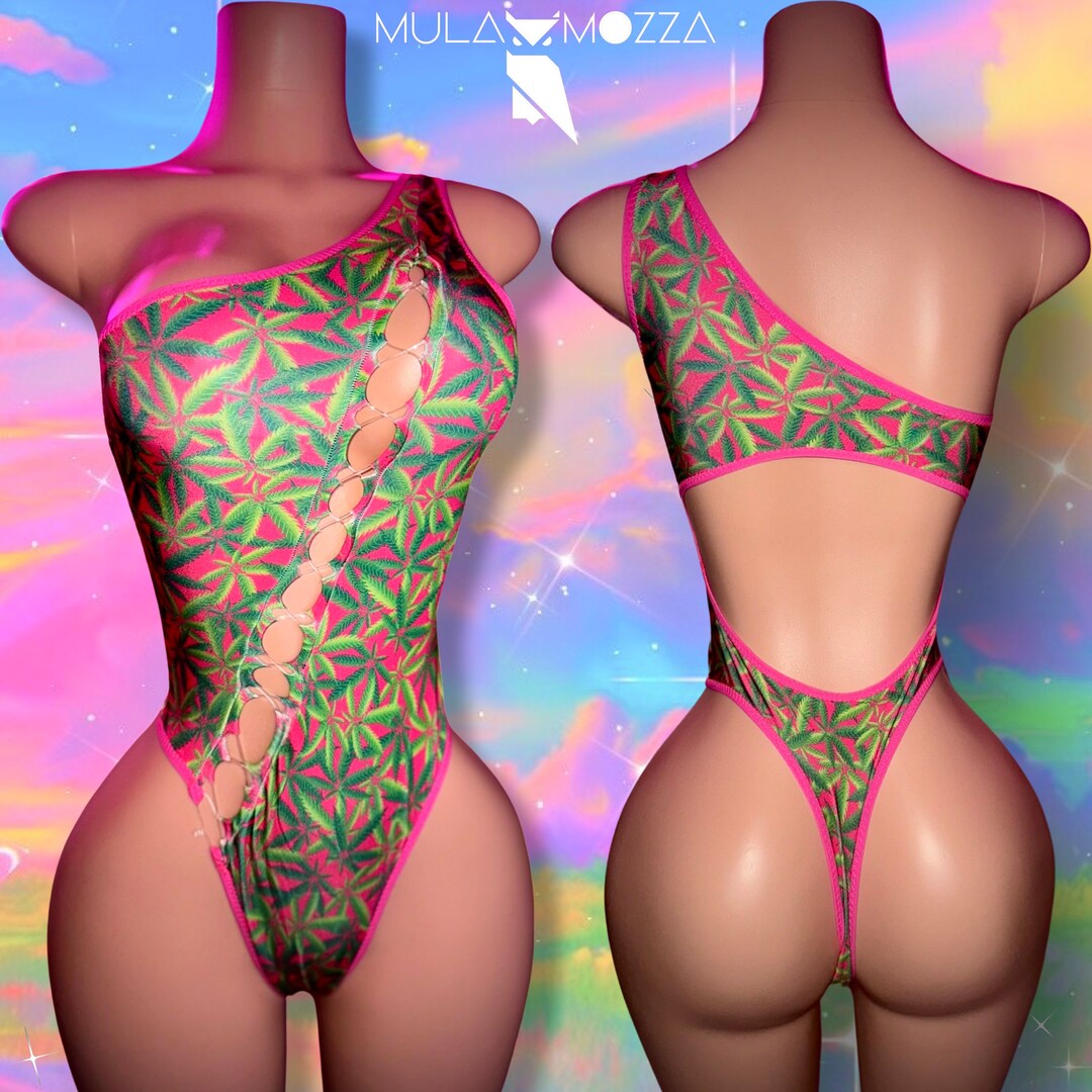 Rave Outfit, Weed Print, One Piece, Exotic Dancewear, One Shoulder, Asymmetrical Bodysuit ...