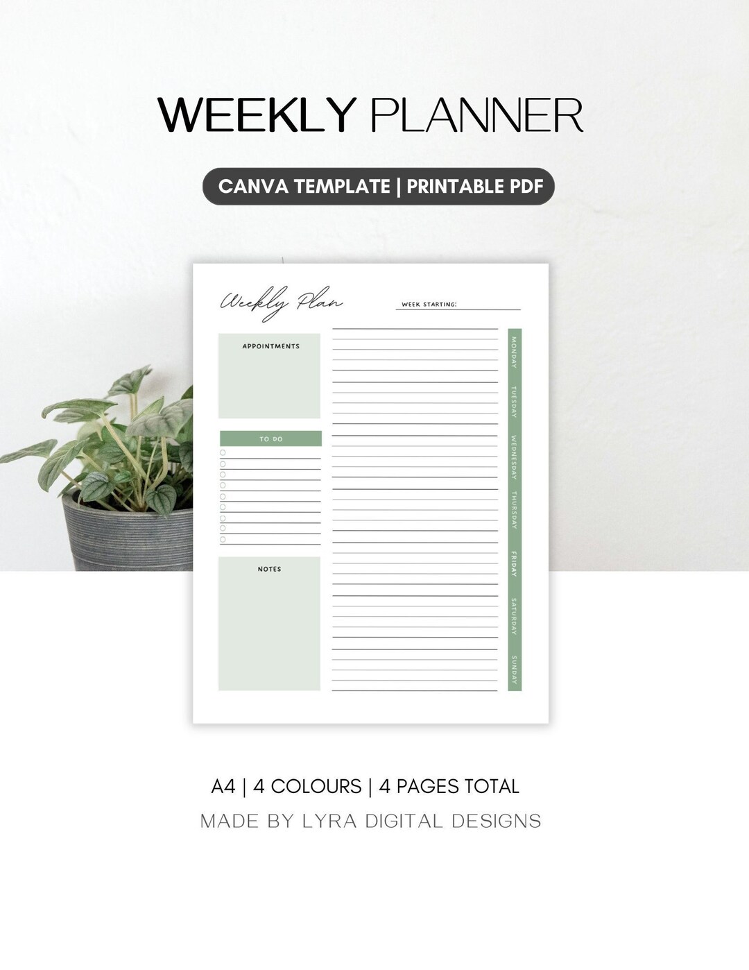Weekly Planner | Canva Template | Printable PDF - Etsy