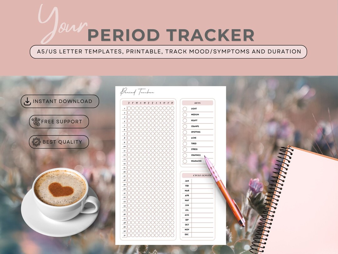 Period Tracker Template. Symptom and Mood Tracker. A5, US Letter ...