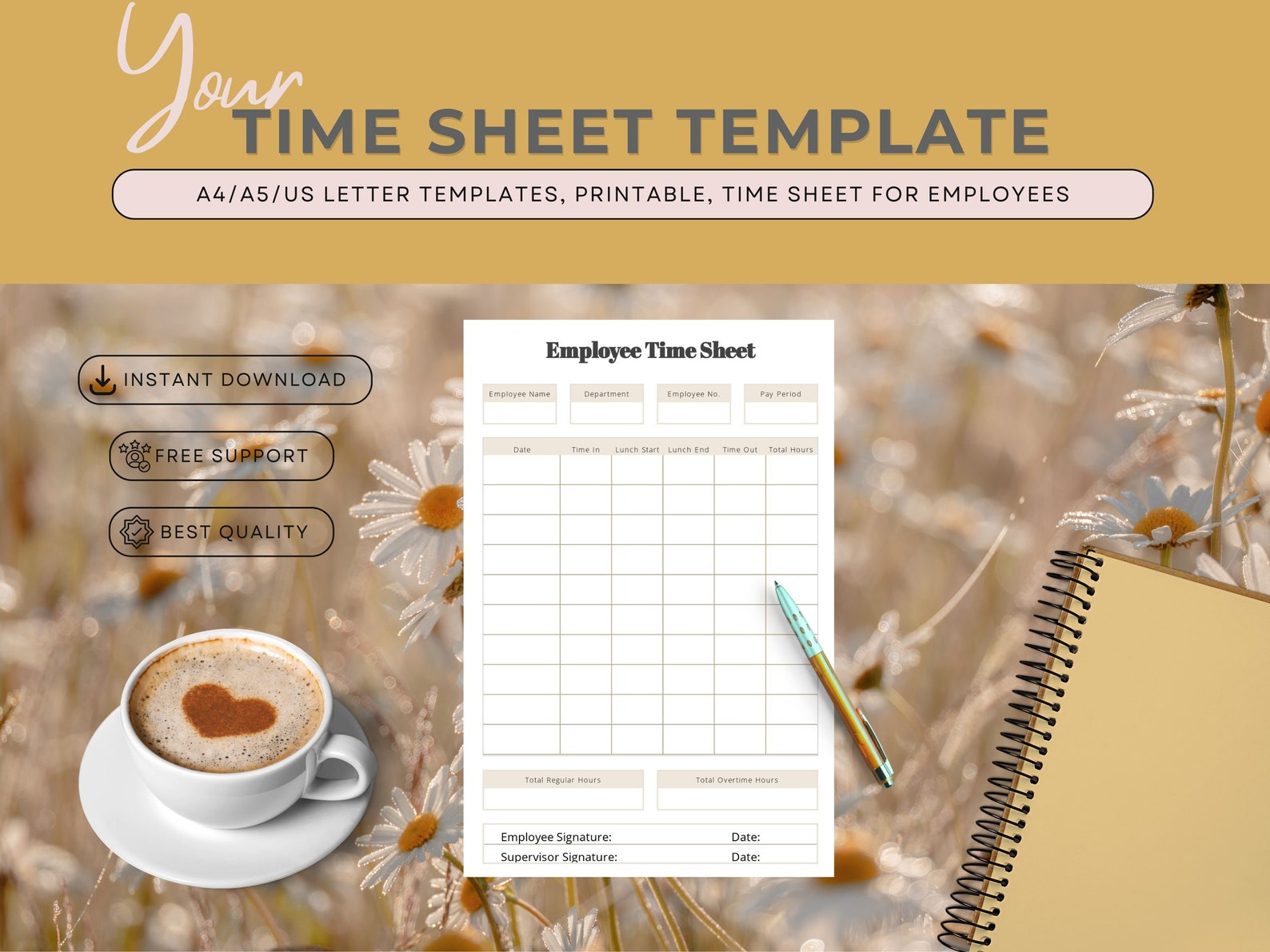 Employee Time Sheet, Timekeeping Sheet, Printable Timesheet, Work Log ...