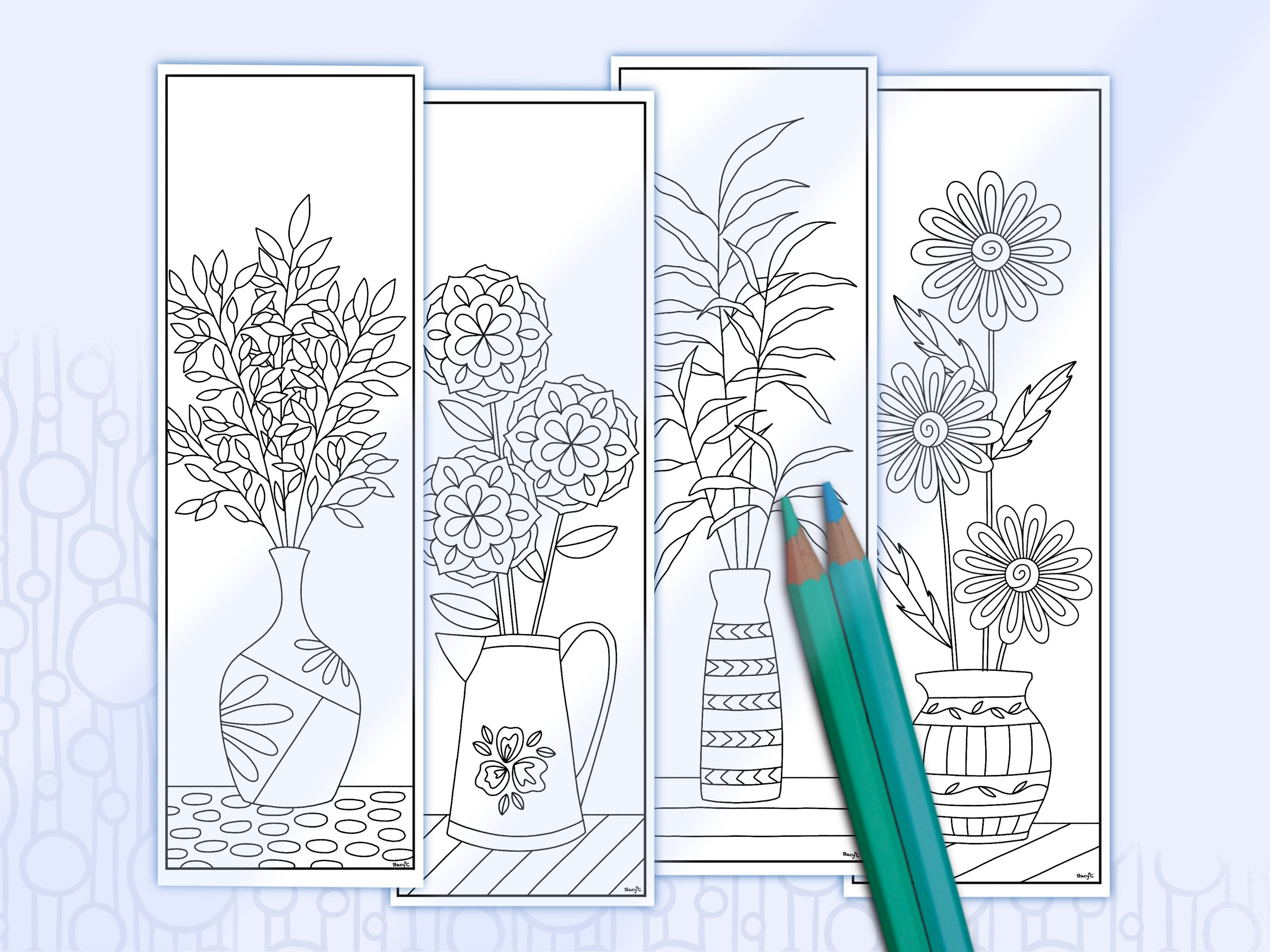 Bookmarks to Color Flower Pots, Zen Doodle Florals, Gifts for Book ...