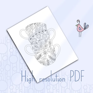 Printable Coloring Page Teacups, Adult Coloring Cups of Tea, Digital ...