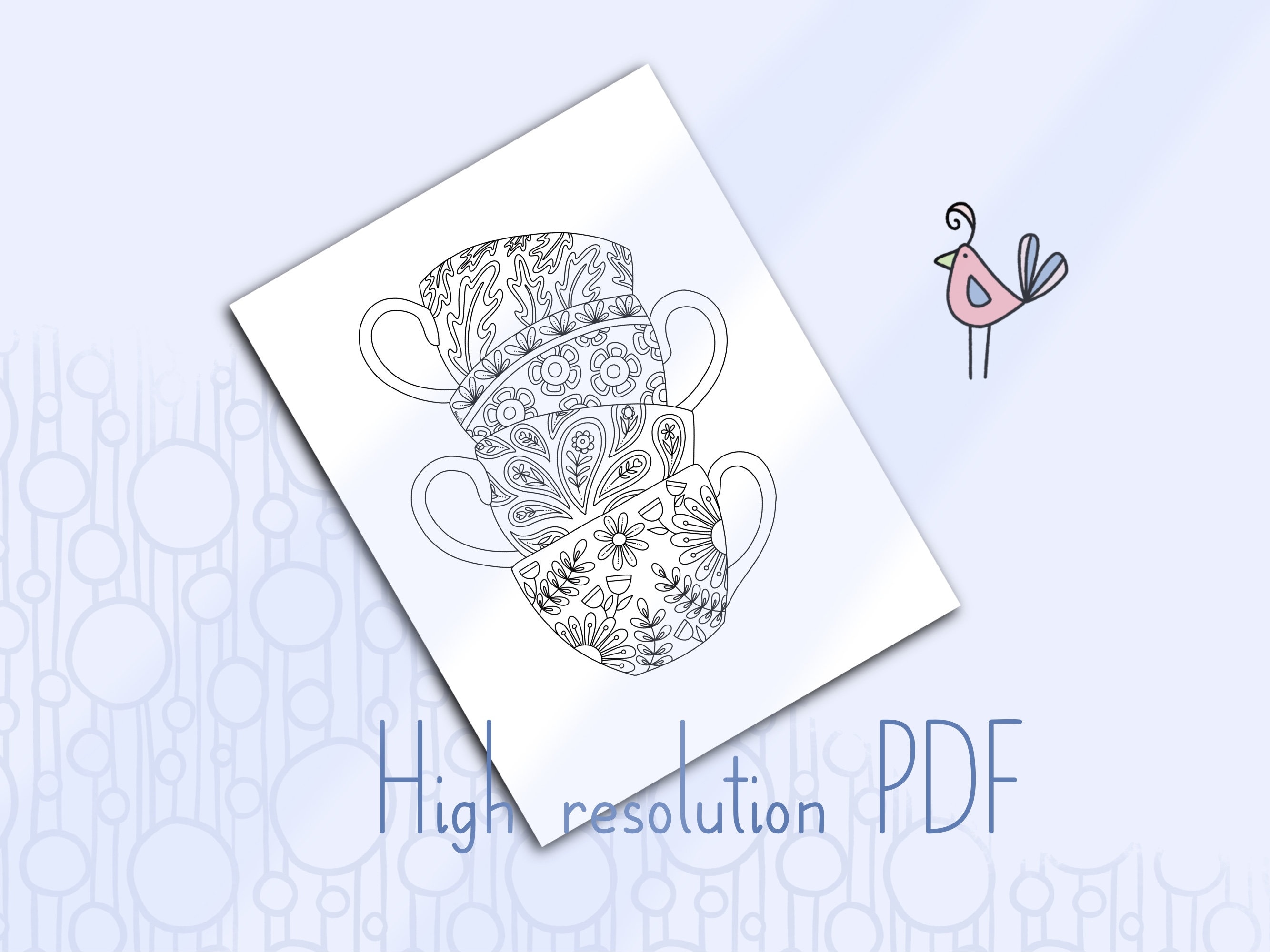 Printable Coloring Page Teacups, Adult Coloring Cups of Tea, Digital ...