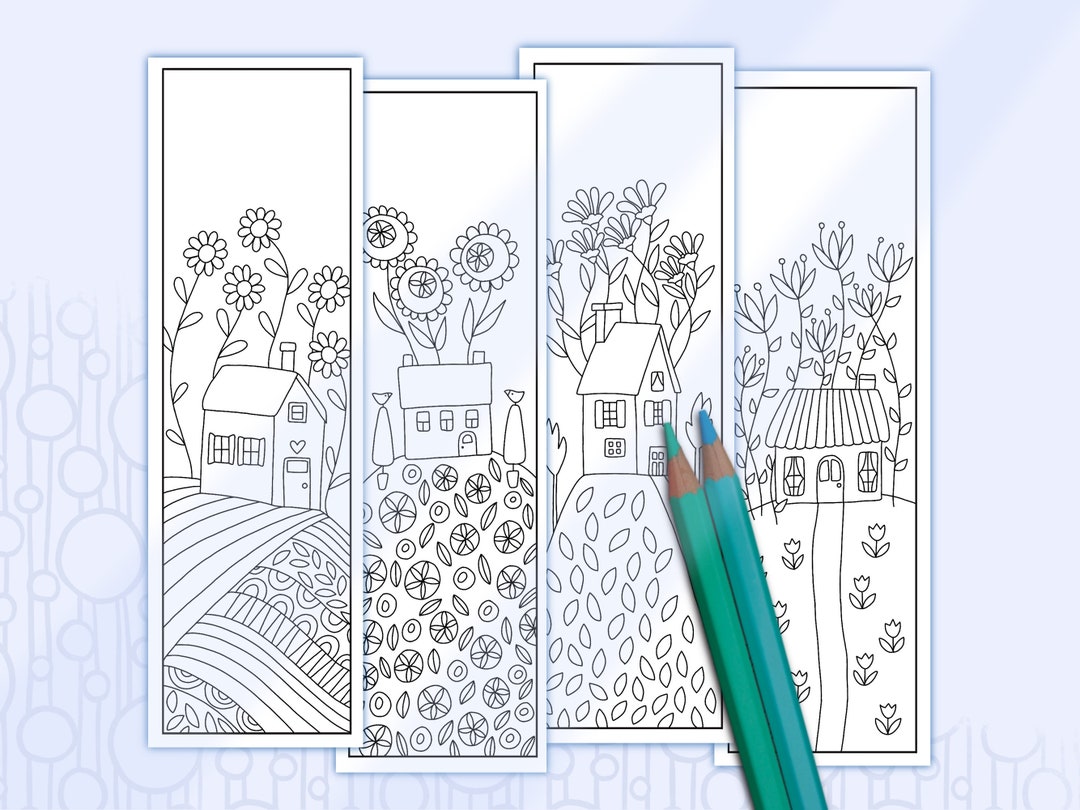 Bookmarks to Color Folk Art Houses, Primitive Printables, Hand Drawn ...