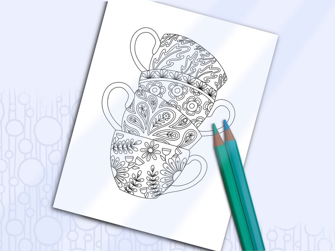 Printable Coloring Page Teacups, Adult Coloring Cups of Tea, Digital ...