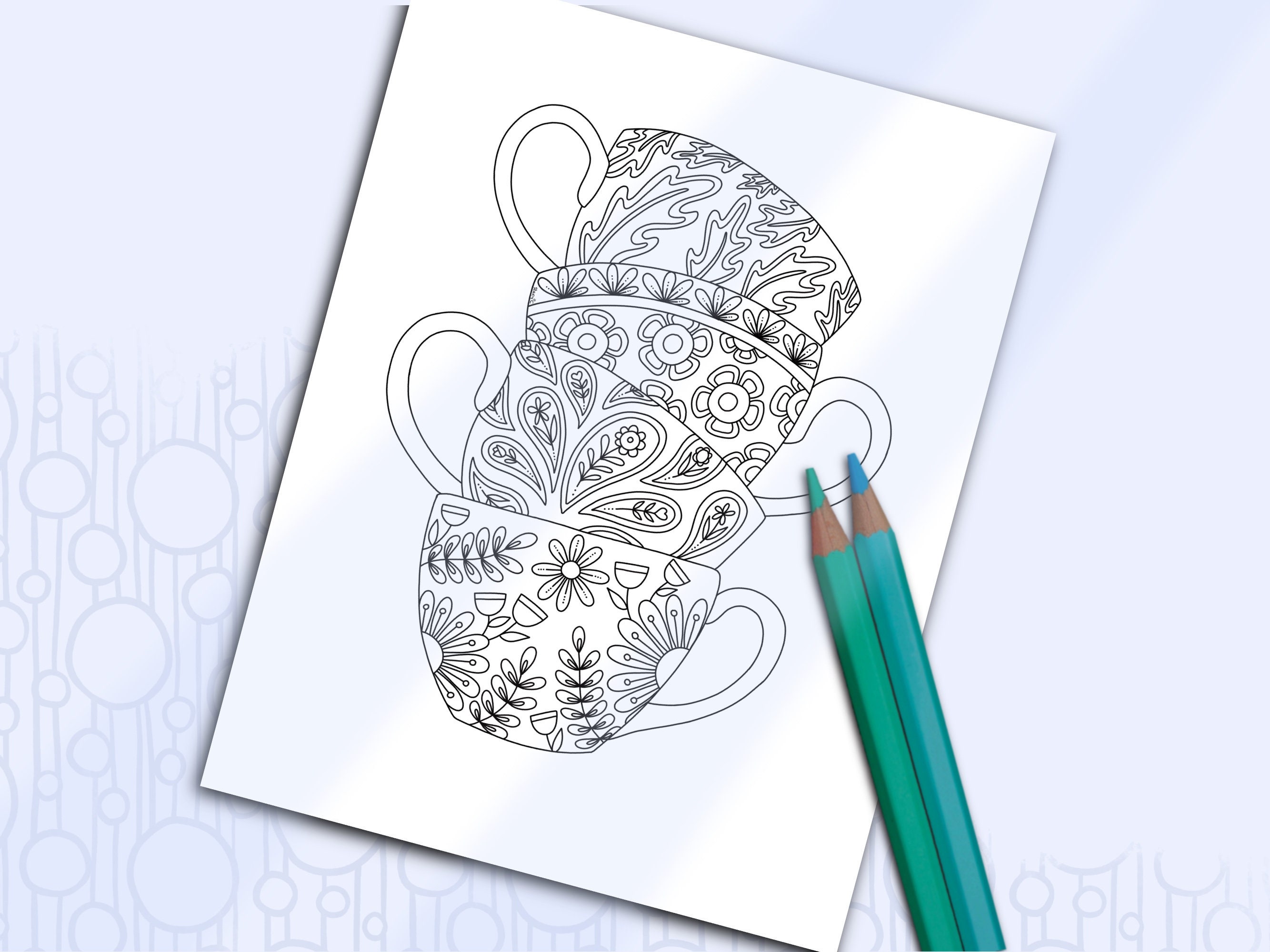 Printable Coloring Page Teacups, Adult Coloring Cups of Tea, Digital ...