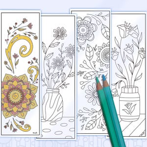 Coloring Bookmarks Hand Drawn Jars of Flowers, Abstract Floral Tangled ...