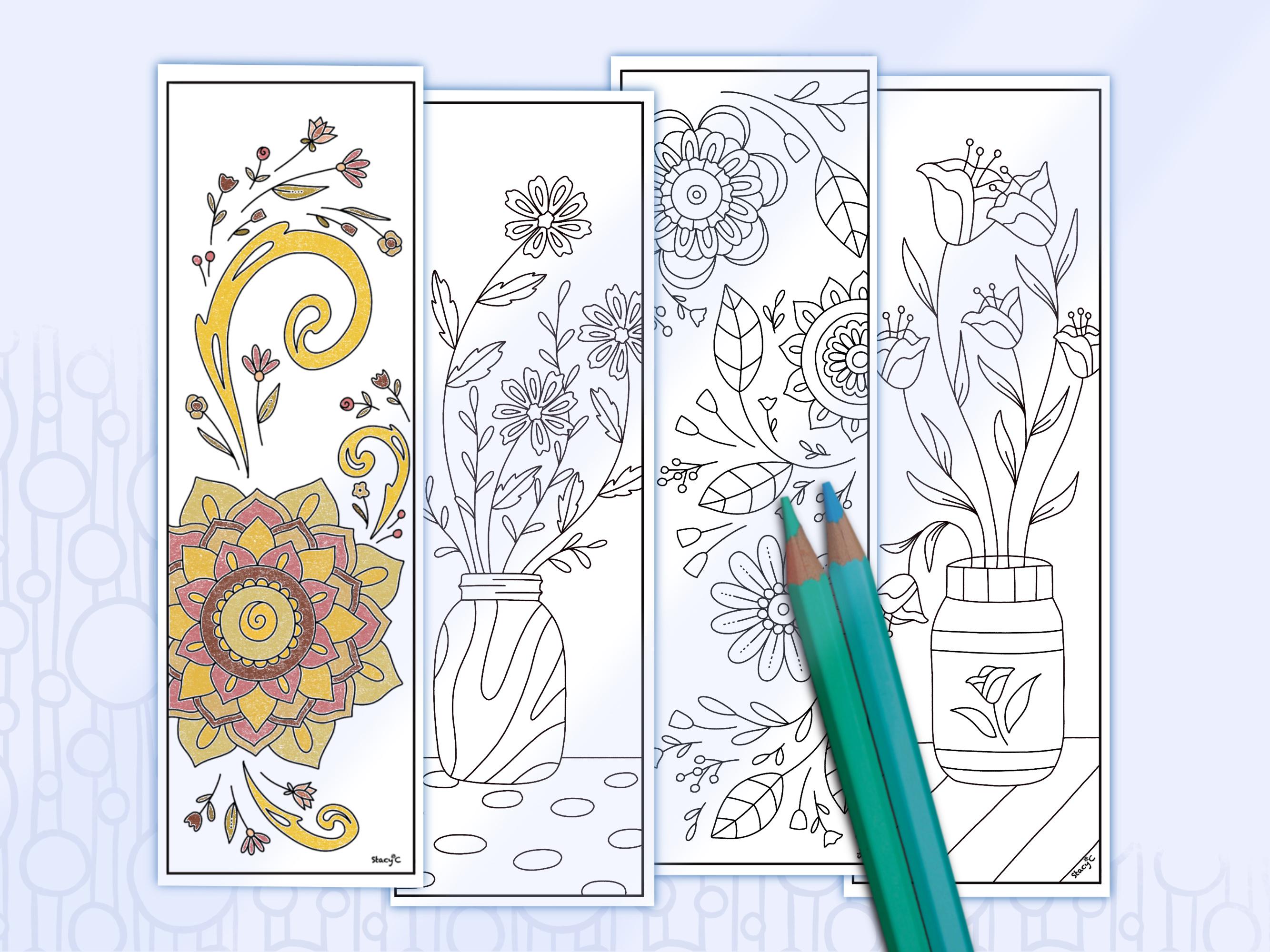 Coloring Bookmarks Hand Drawn Jars of Flowers, Abstract Floral Tangled ...