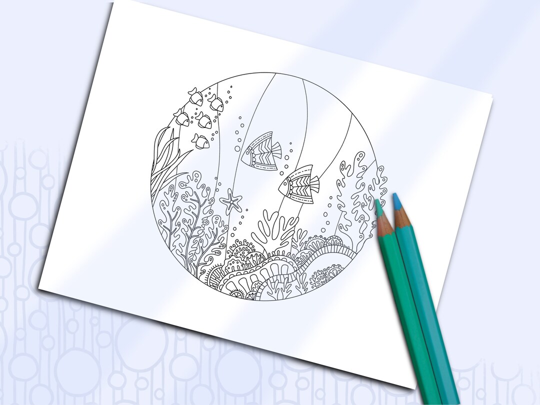 Coloring Page Ocean Scene, Undersea Fishes Adult Coloring, Coral Reef ...