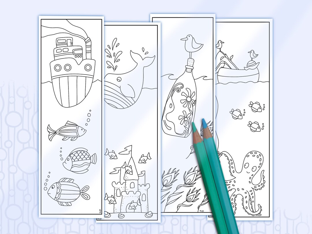 Coloring Bookmarks Ocean, Adult Coloring Digital Bookmarks, Funny Sea ...
