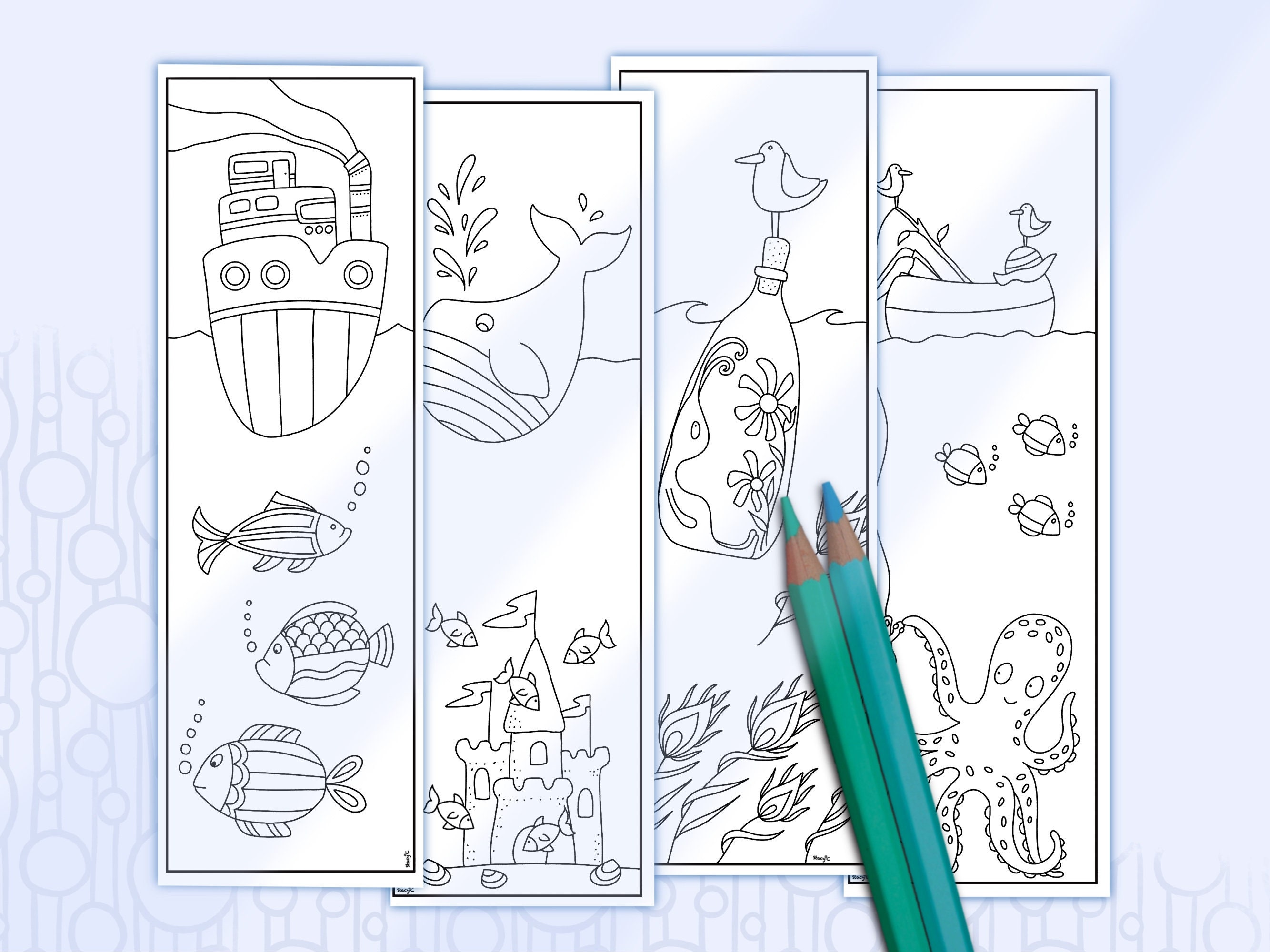 Coloring Bookmarks Ocean, Adult Coloring Digital Bookmarks, Funny Sea ...