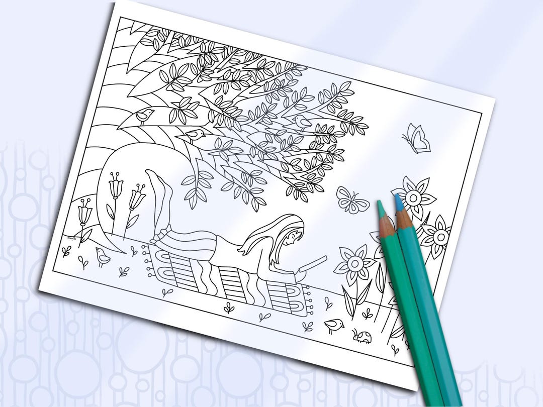 Hand Drawn Woman Reading Coloring Page: Nature Scene (PDF) - Etsy