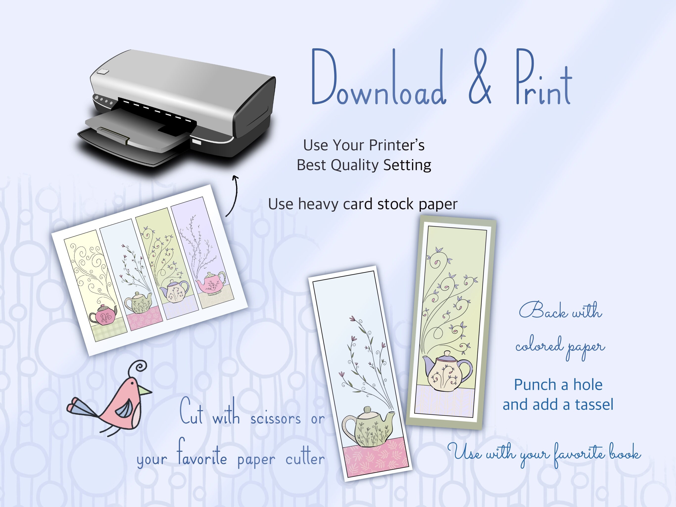 Printable Bookmarks Teapots, Whimsical Teakettle Hand Drawn Bookmarks ...