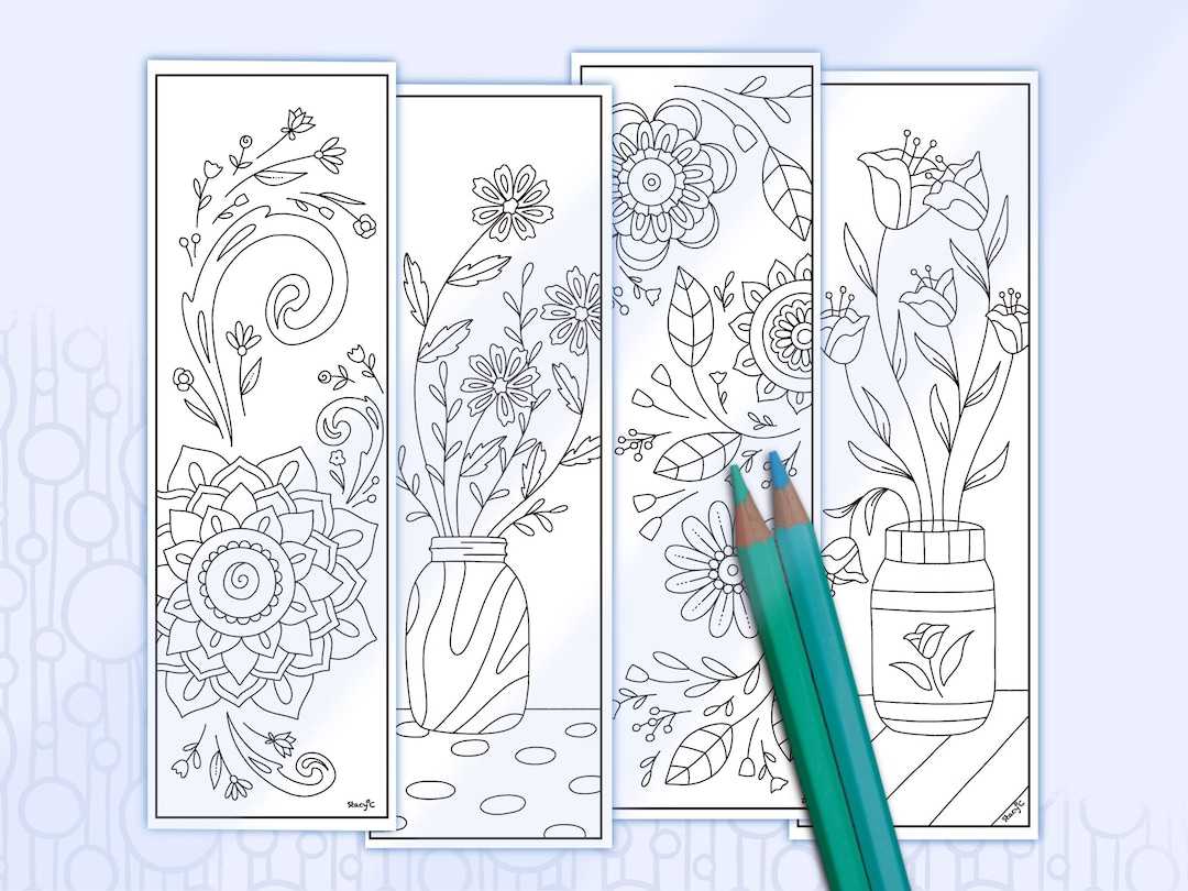 Coloring Bookmarks Hand Drawn Jars of Flowers, Abstract Floral Tangled ...