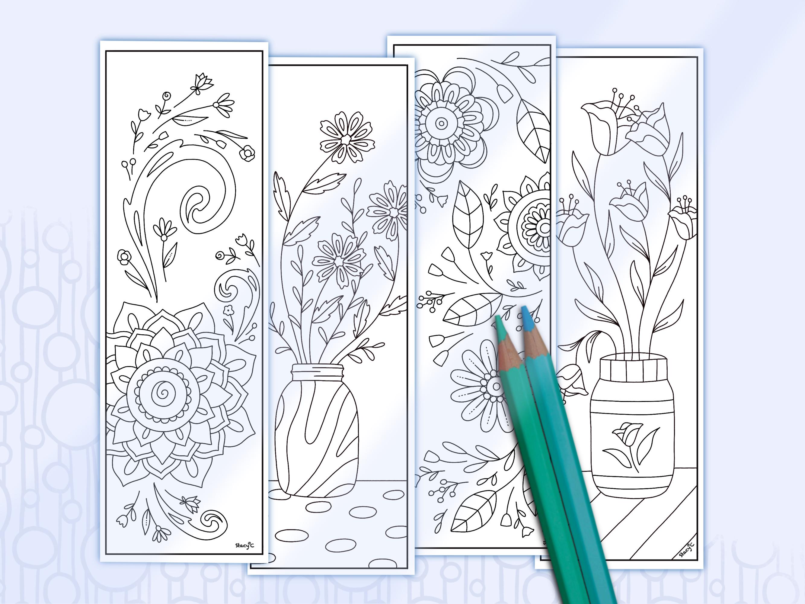 Coloring Bookmarks Hand Drawn Jars of Flowers, Abstract Floral Tangled ...