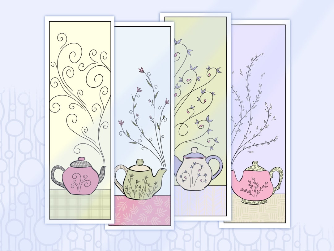 Printable Bookmarks Teapots, Whimsical Teakettle Hand Drawn Bookmarks ...