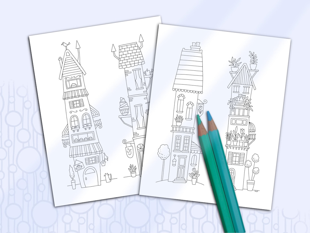 Coloring Pages Hand Drawn, Wonky Houses Coloring Book Pages, Printable ...