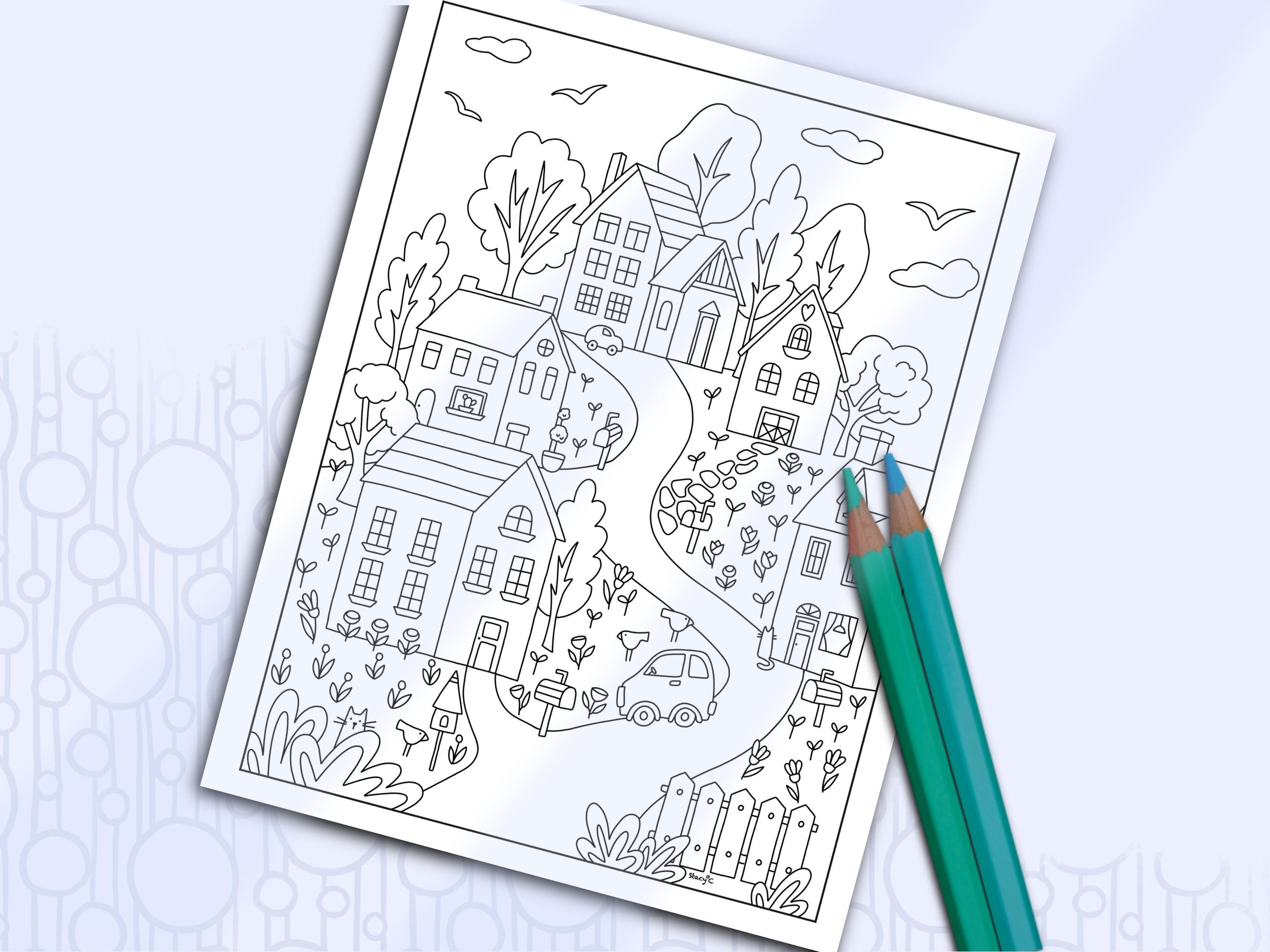 Coloring Page Cute Neighborhood, Hand Drawn Houses and Hills, House ...