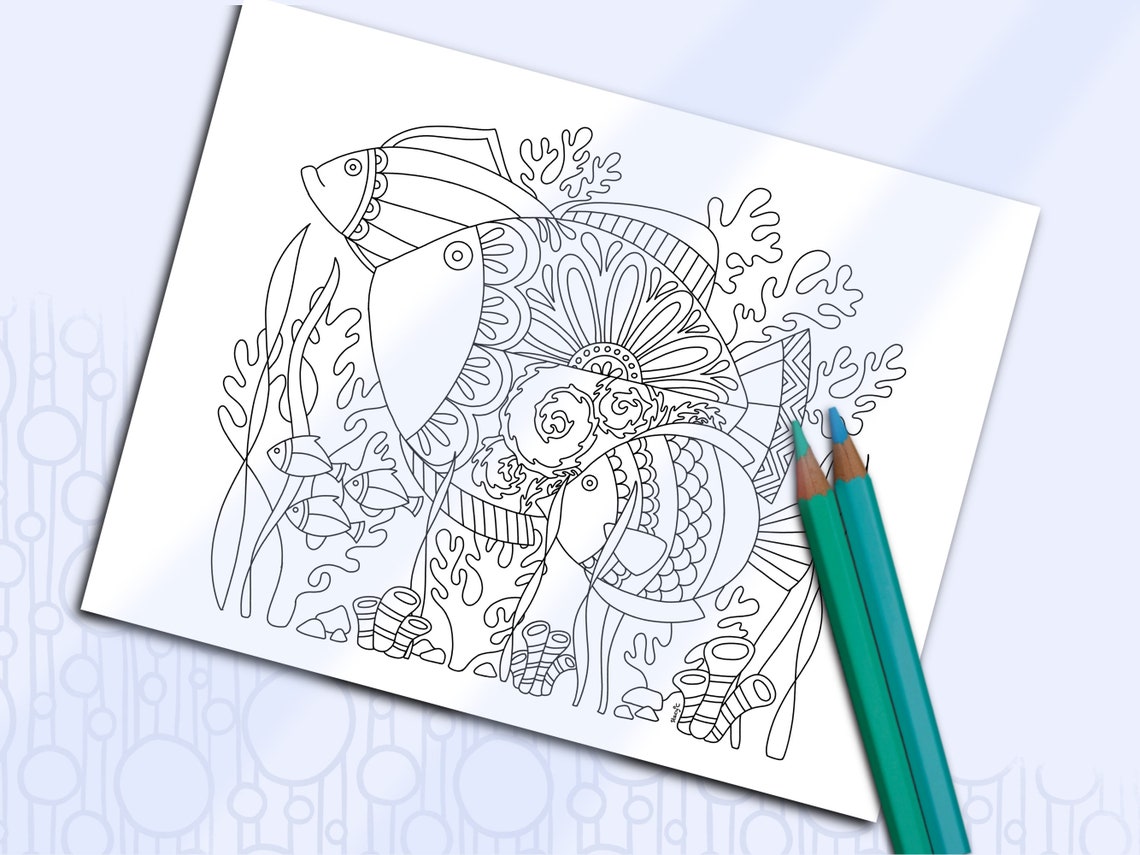 Printable Coloring Page Aquarium, Adult Coloring Fishes in Sea, Ocean ...