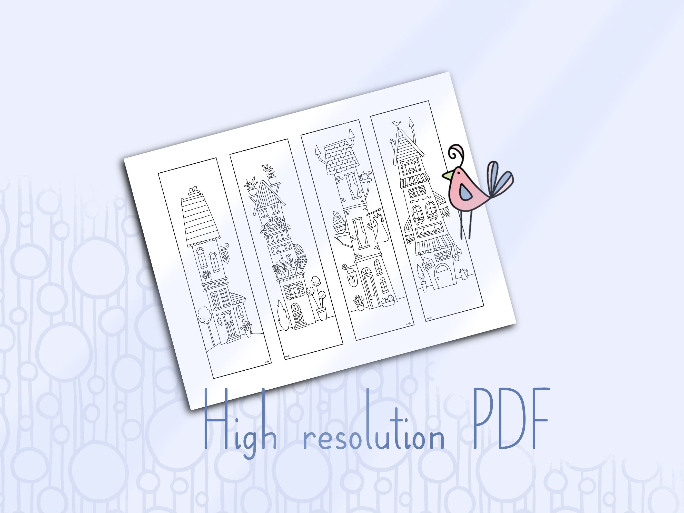 Bookmarks to Color Wonky Houses, Hand Drawn Coloring Bookmarks Tall ...