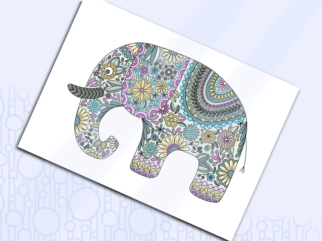 Printable Card Elephant, Animal Greeting Card, Tangled Flower Blank ...