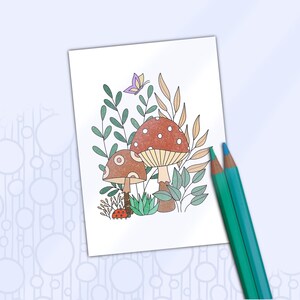 Mushroom Garden Coloring Card: Hand Drawn Plants, Ladybug, Butterfly ...
