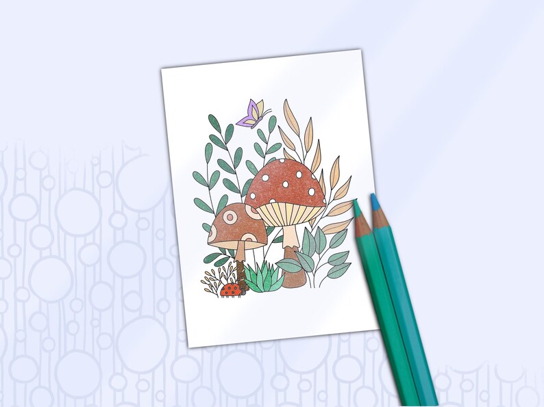 Mushroom Garden Coloring Card: Hand Drawn Plants, Ladybug, Butterfly ...