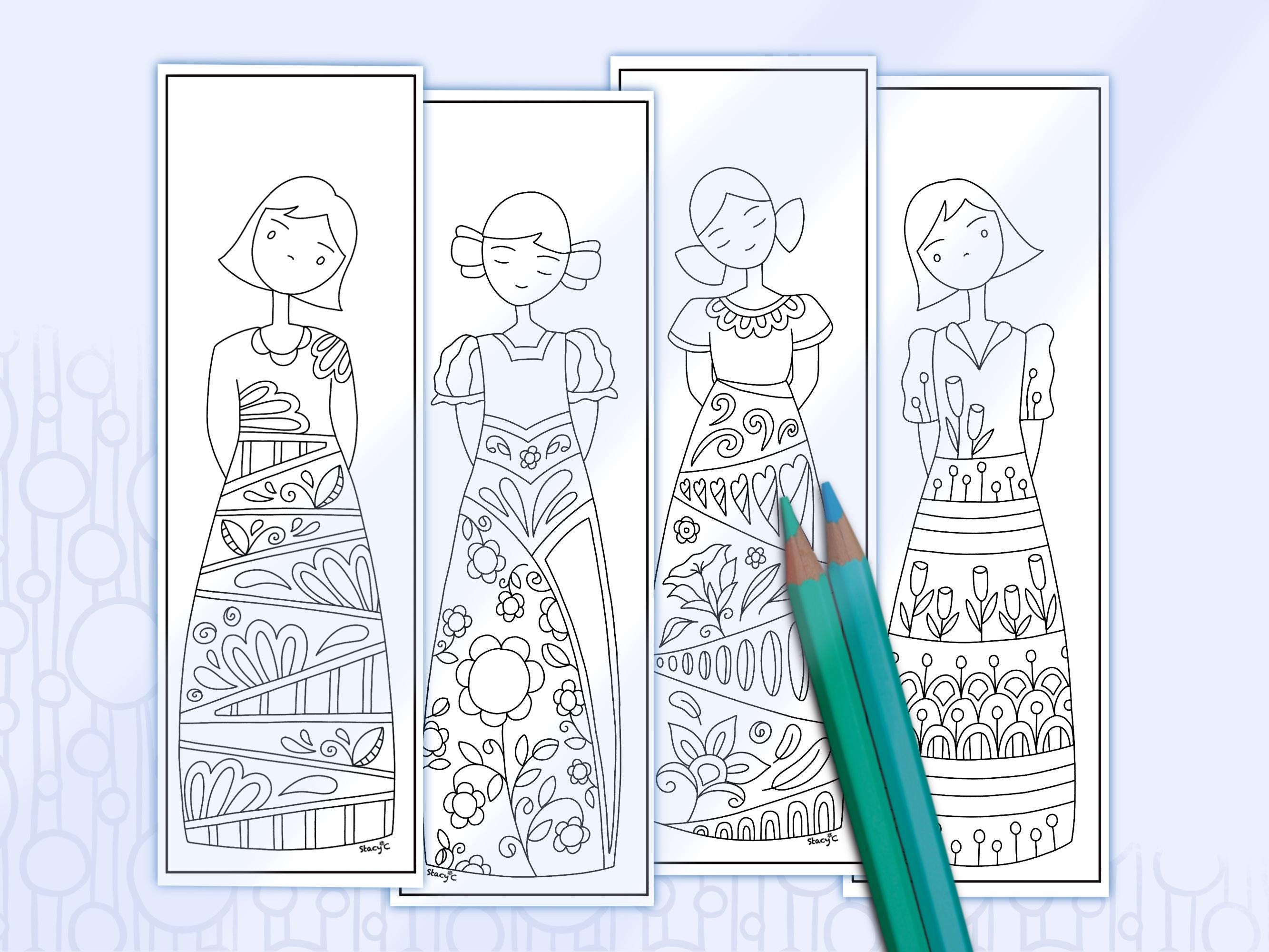 Coloring Bookmarks Naive Art | Bookmarks to Color Folk Art Women | Hand ...