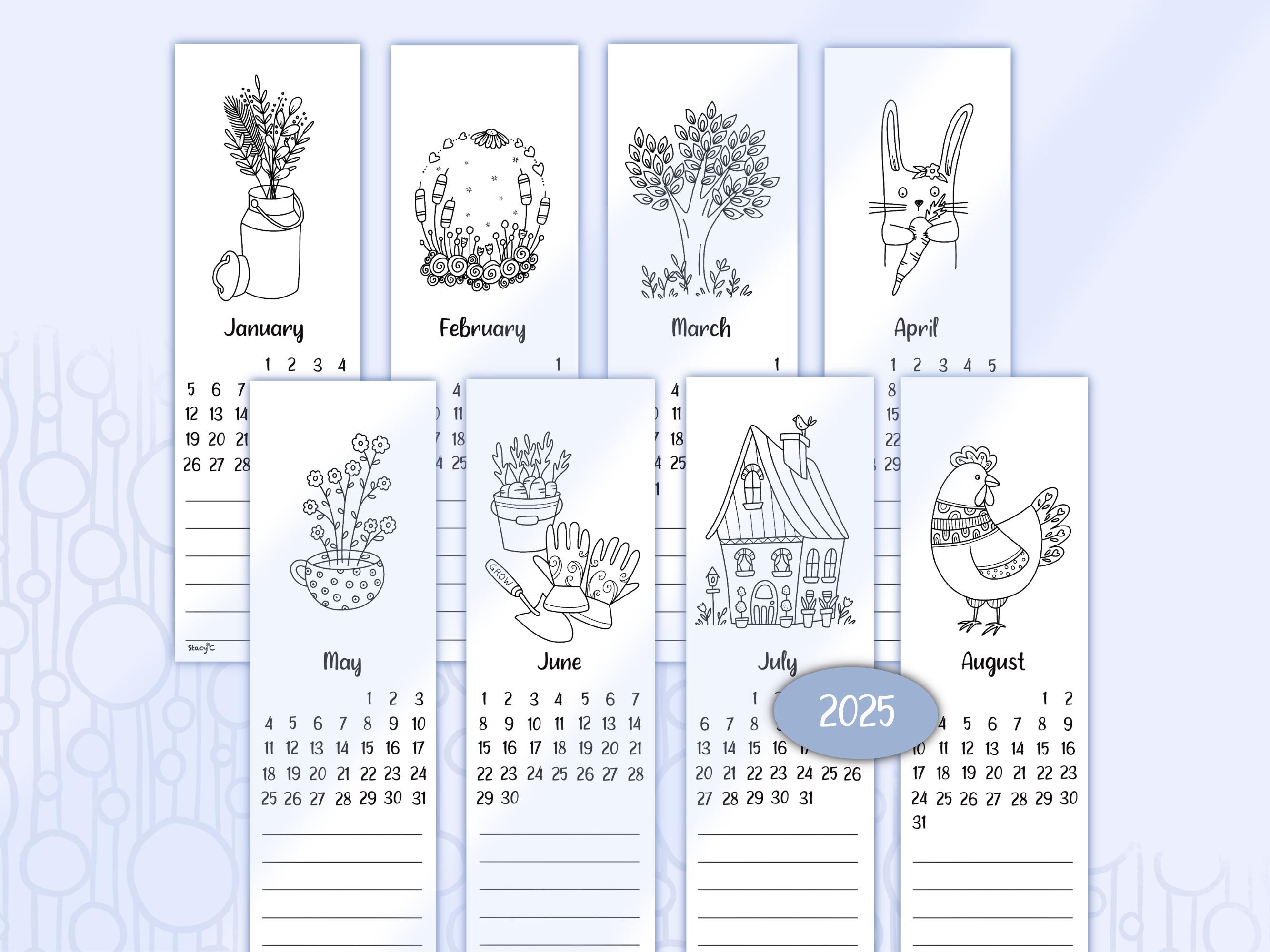 Calendar Bookmarks 2025, Hand Drawn Printable Monthly Calendar, Twelve ...