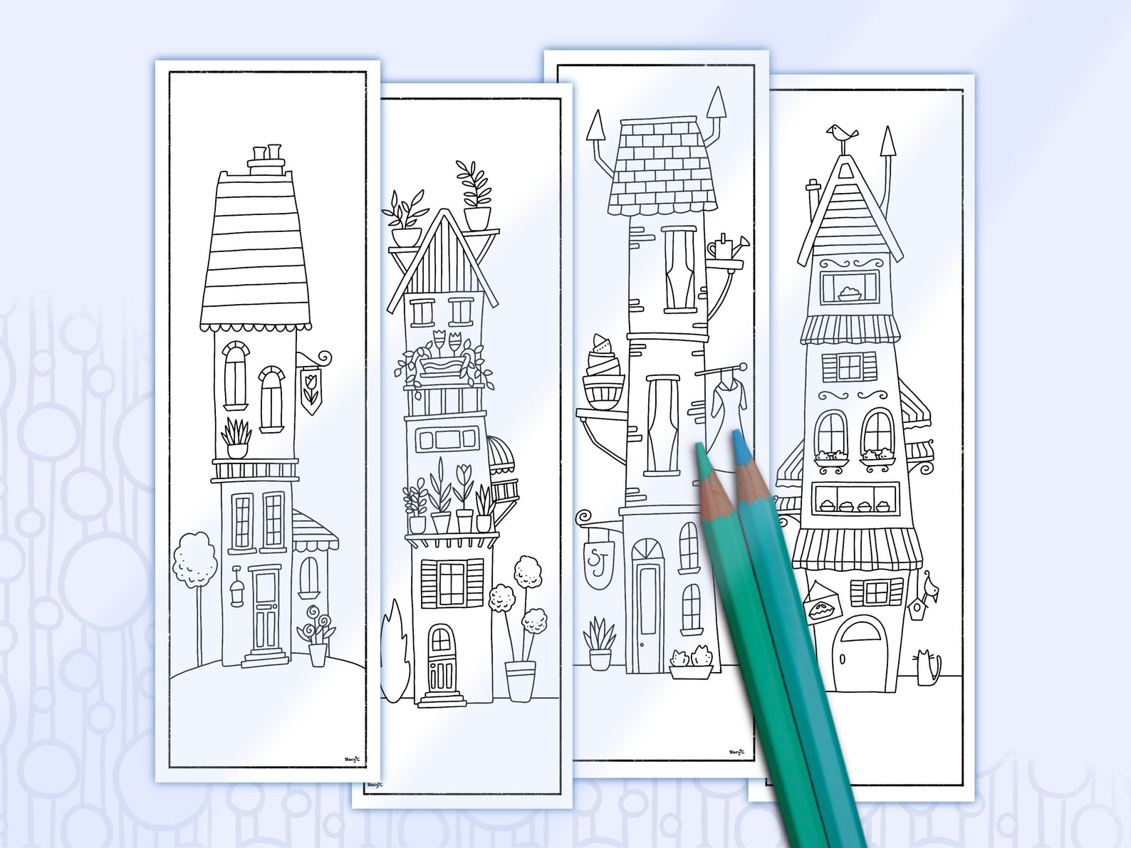 Bookmarks to Color Wonky Houses, Hand Drawn Coloring Bookmarks Tall ...