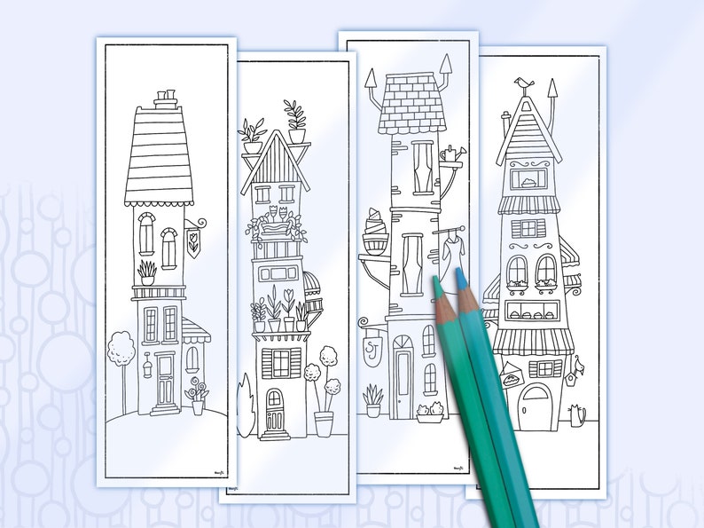 Bookmarks to Color Wonky Houses, Hand Drawn Coloring Bookmarks Tall ...